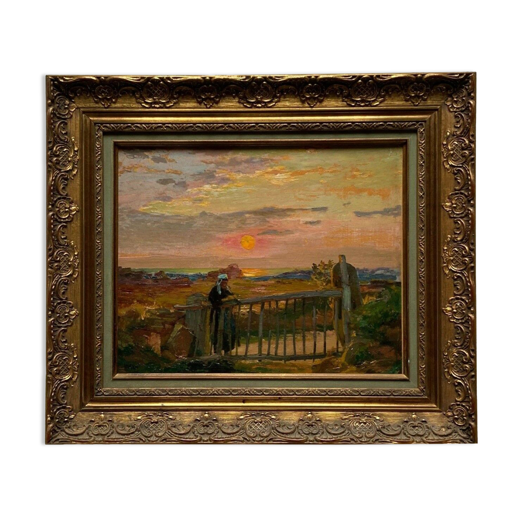 Huile sur panneau bretonne au soir couchant Henry emile vollet | Selency