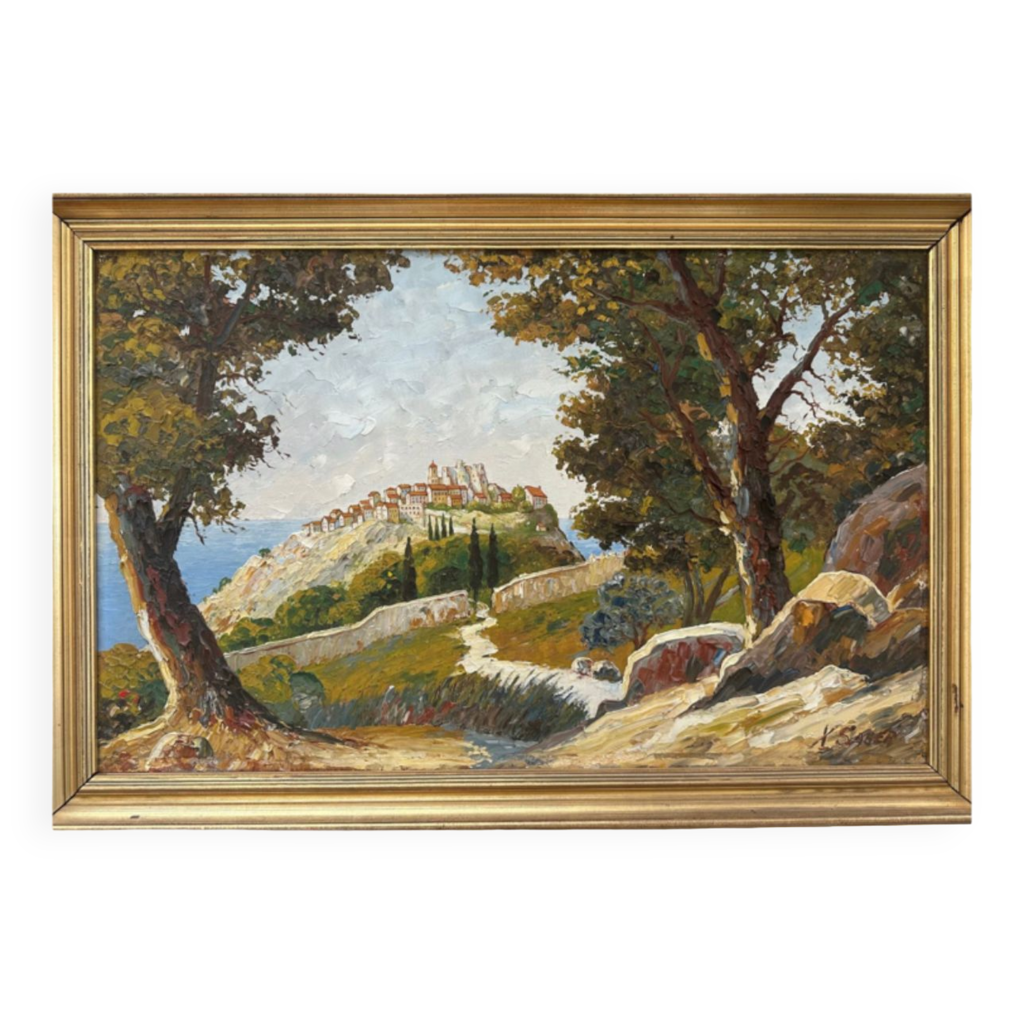 Huile sur bois Xavier SAGER (1881-1969), « Eze village depuis la route ...