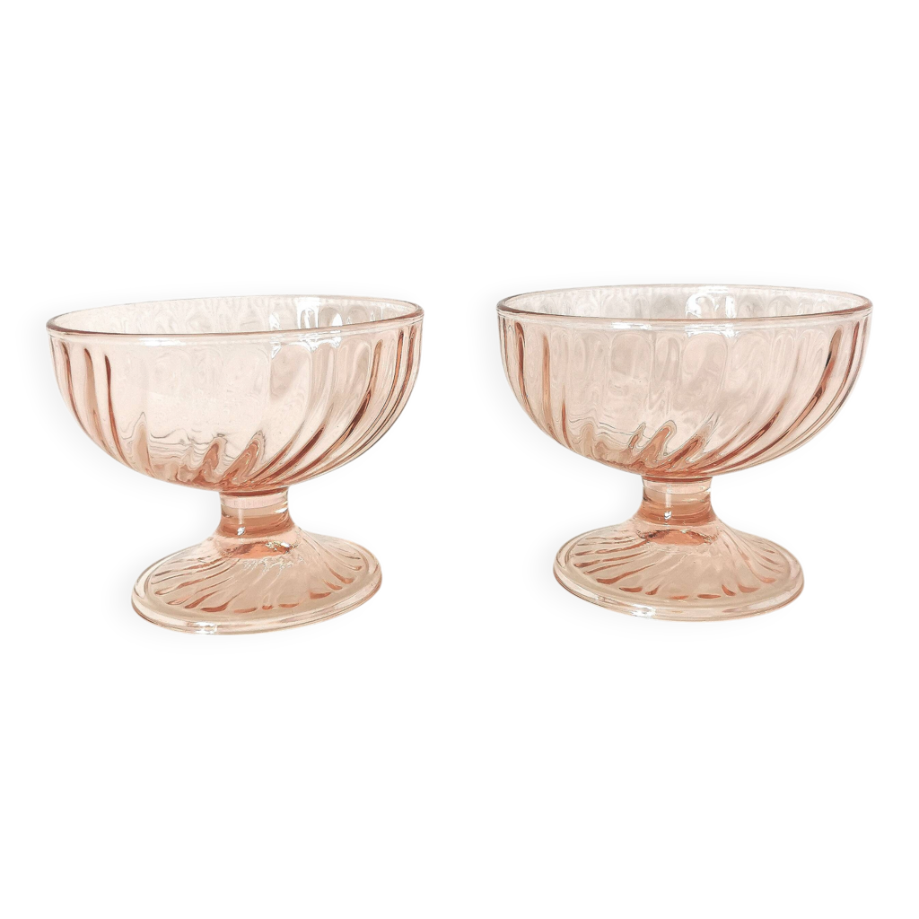 Paire de coupe à fruit en verre rose rosaline tourbillon | Selency