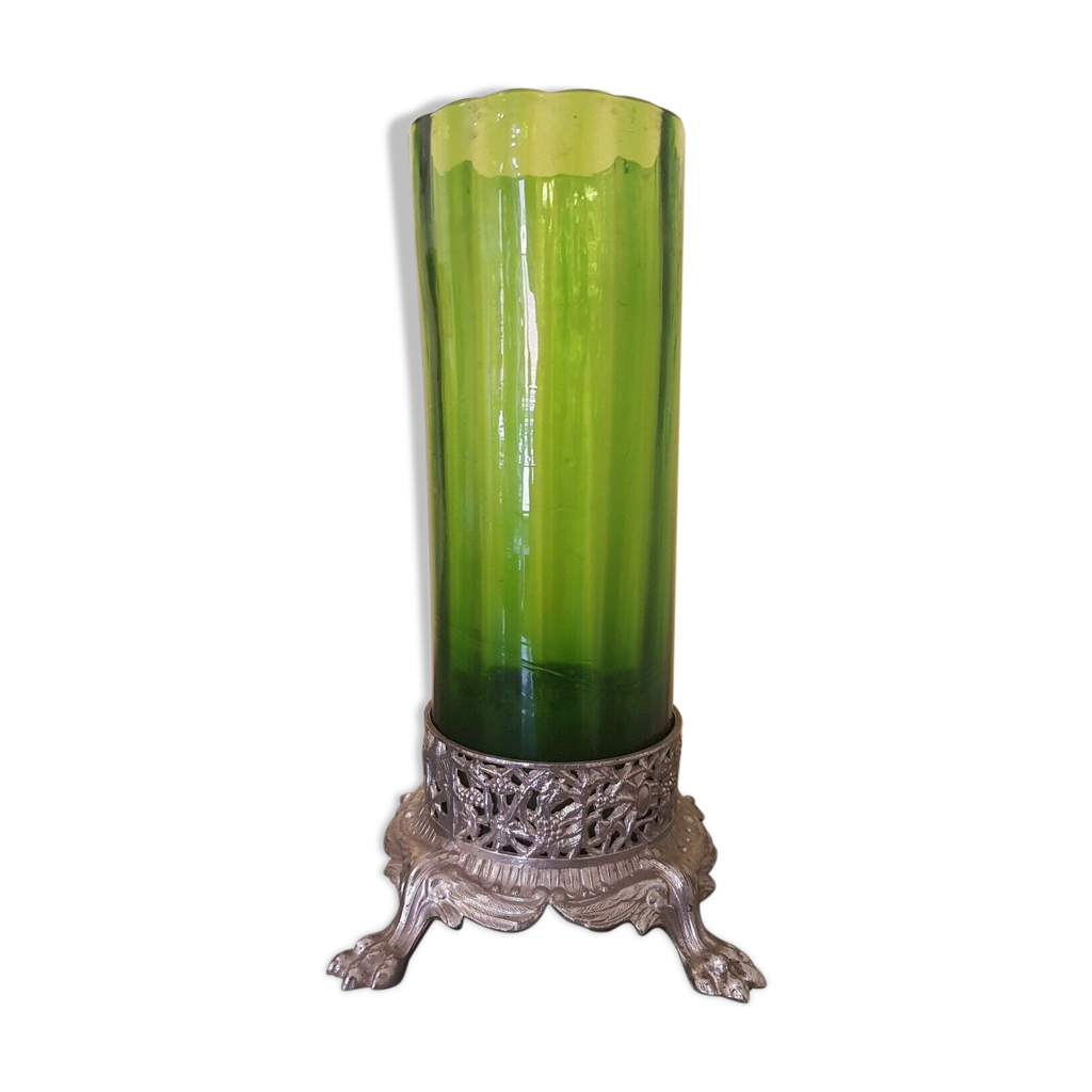 Vase ancien en verre art nouveau sur monture pieds griffe en métal ...