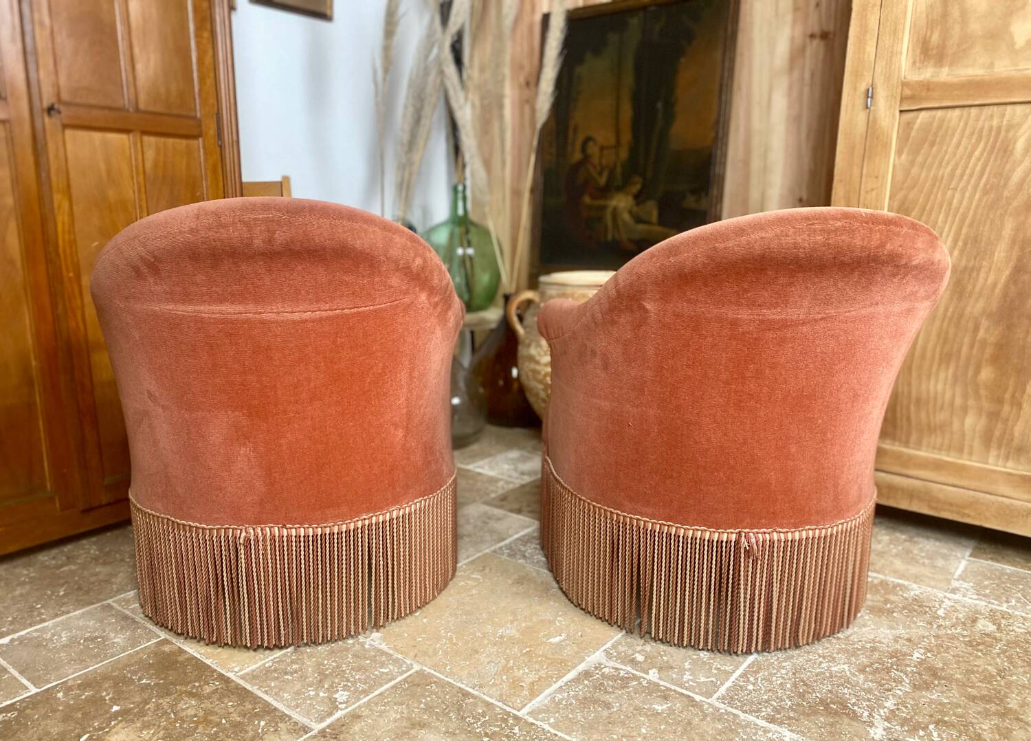 Fauteuils crapaud à franges rose poudré | Selency