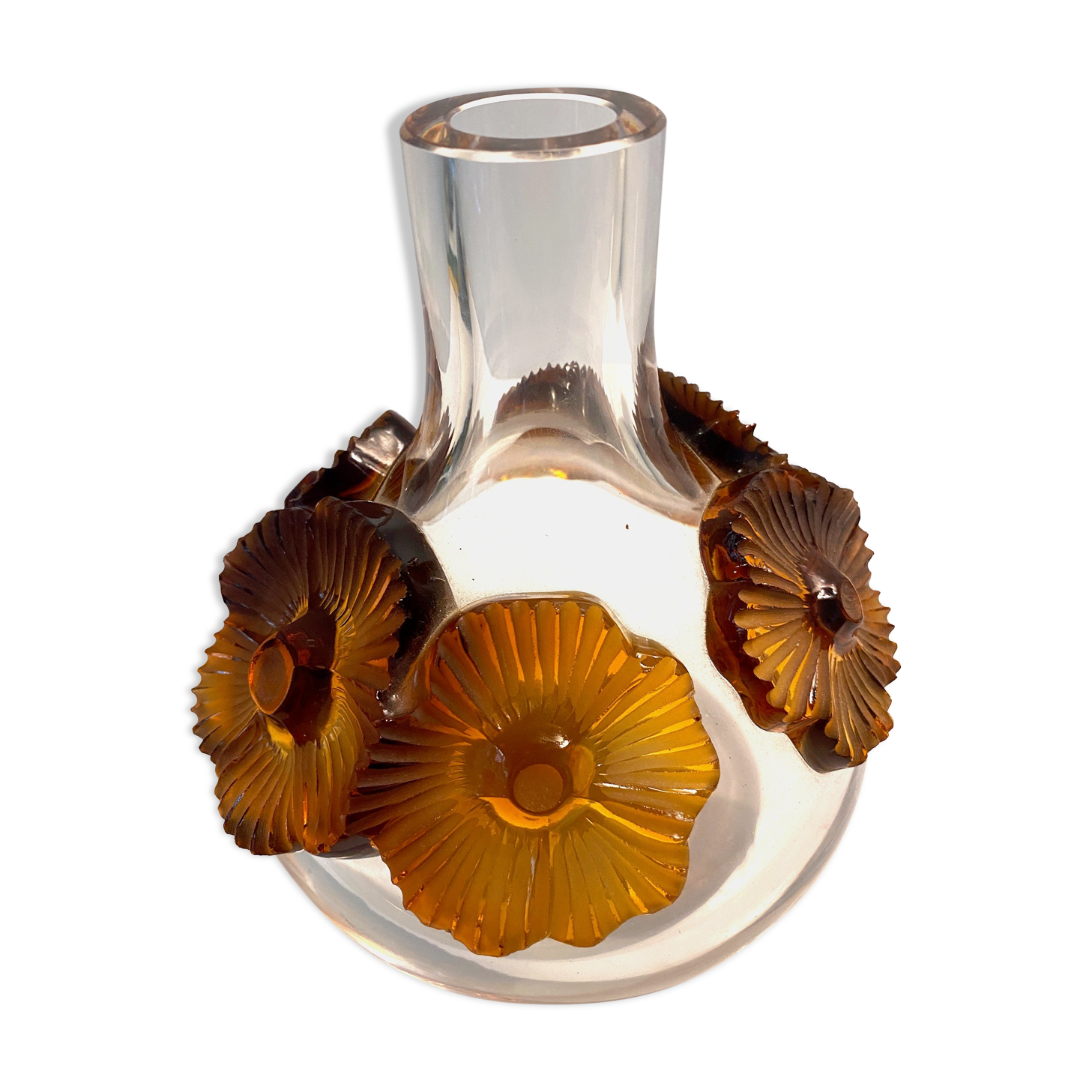 Vase de René Lalique en cristal et fleurs anémones en applique en pâte ...