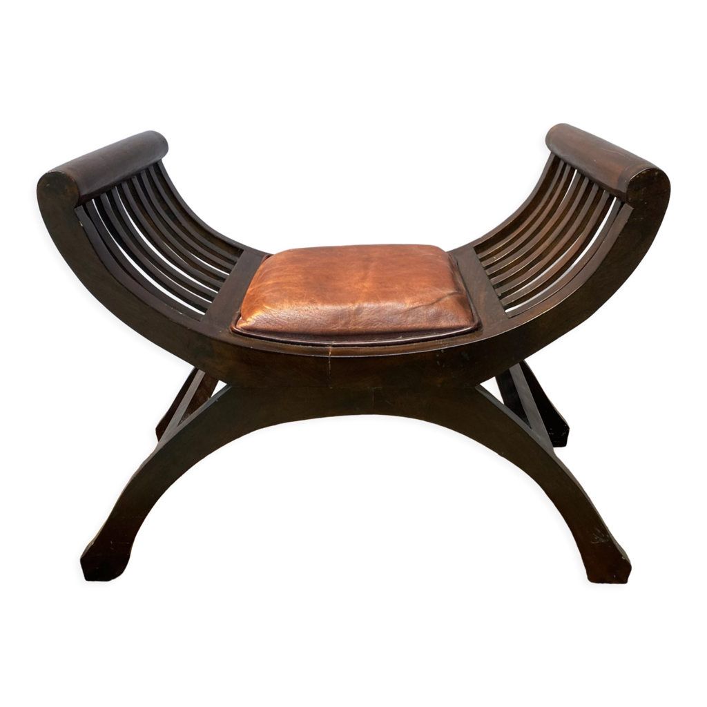 Tabouret curule en bois avec assises en cuir | Selency