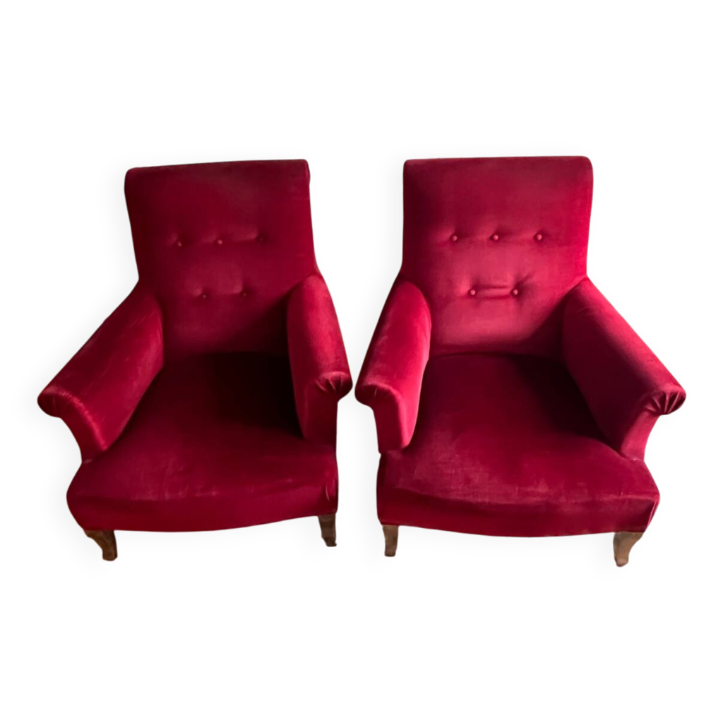 2 Fauteuils en velours bordeaux | Selency