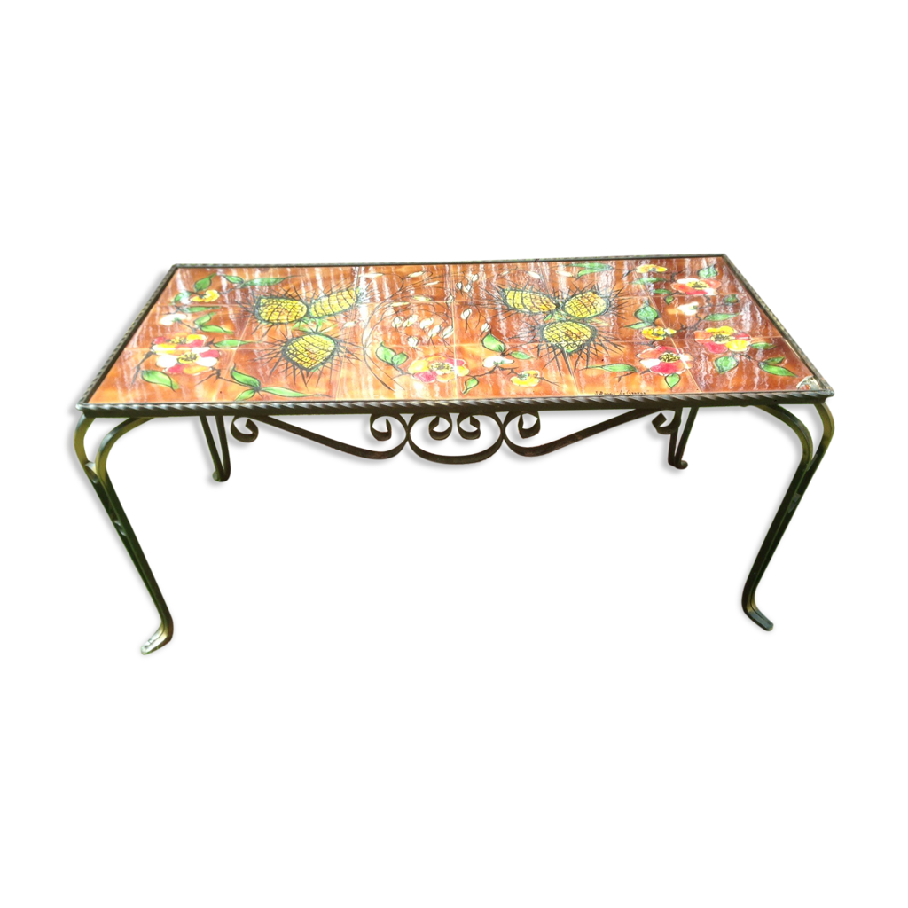 Table Basse En Fer Forgé Et Céramique De Vallauris Signé La Grange