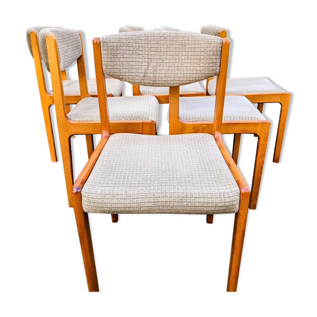 6 chaises de salle à manger hêtre et tweed années 70 | Selency