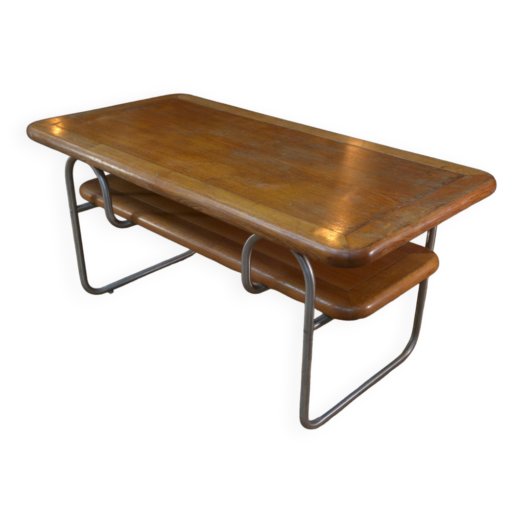Table basse vintage en chêne massif et métal tubulaire chromé 1960s ...