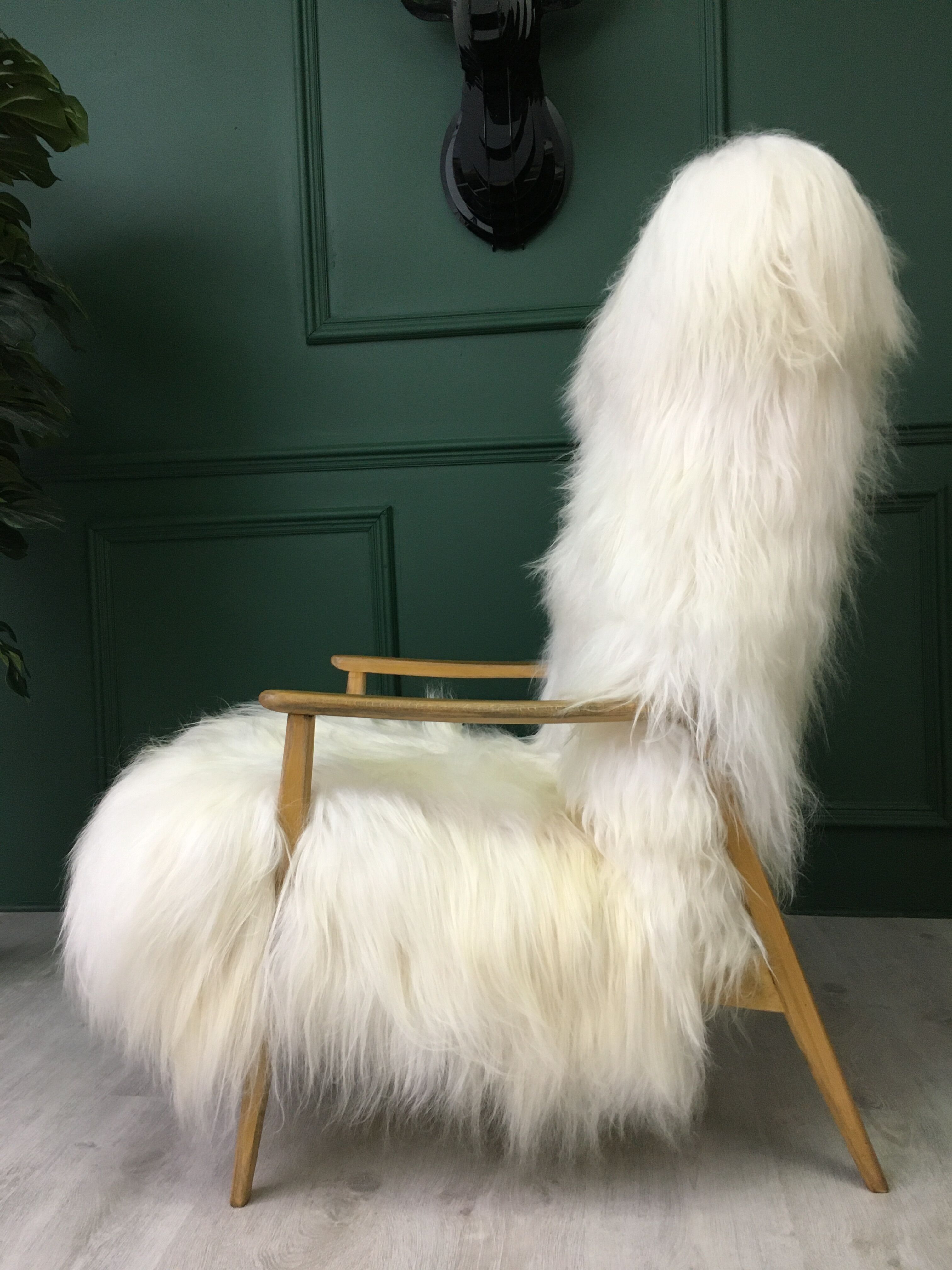 Vintage Art Deco white fluffy furry sheepskin bentwood armchair | Selency