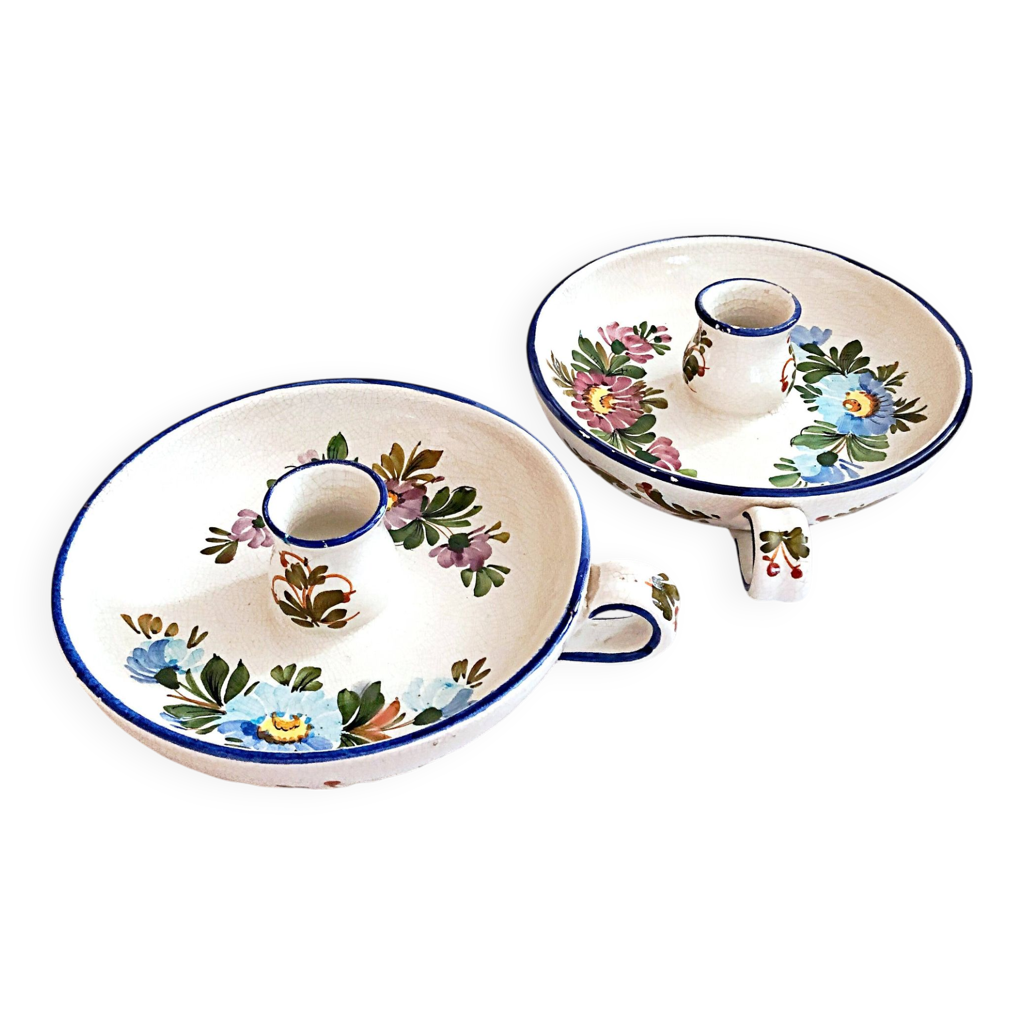 Paire de bougeoirs à main faïence craquelée fait main signée Bassano ...