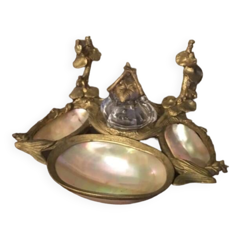 Vide-poche et encrier anciens en bronze doré et nacre | Selency