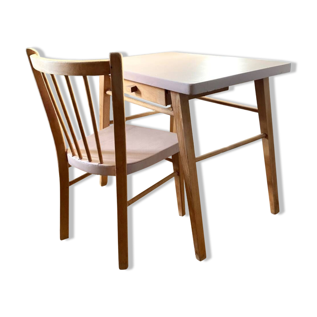 Petit bureau vintage en bois pour enfant et sa chaise Baumann rénovés | Selency
