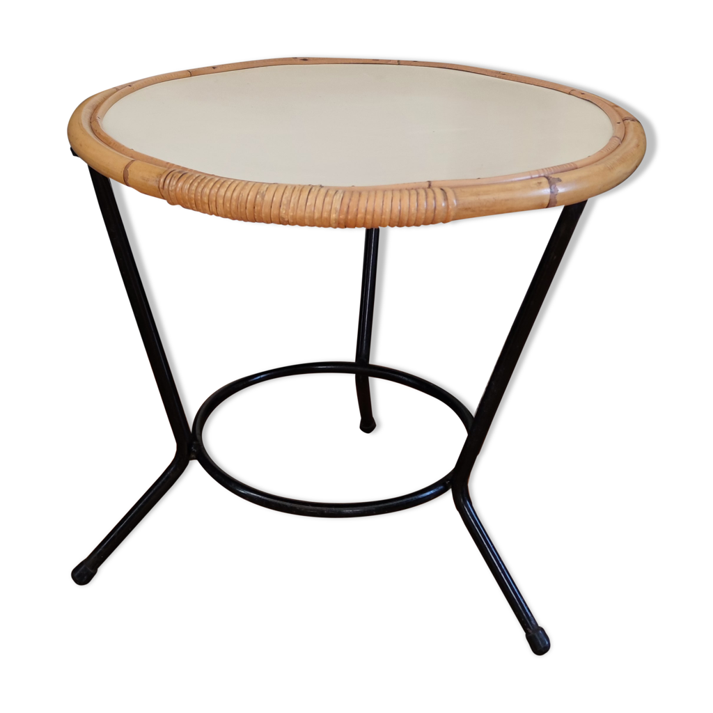 Table tripode métal et rotin | Selency