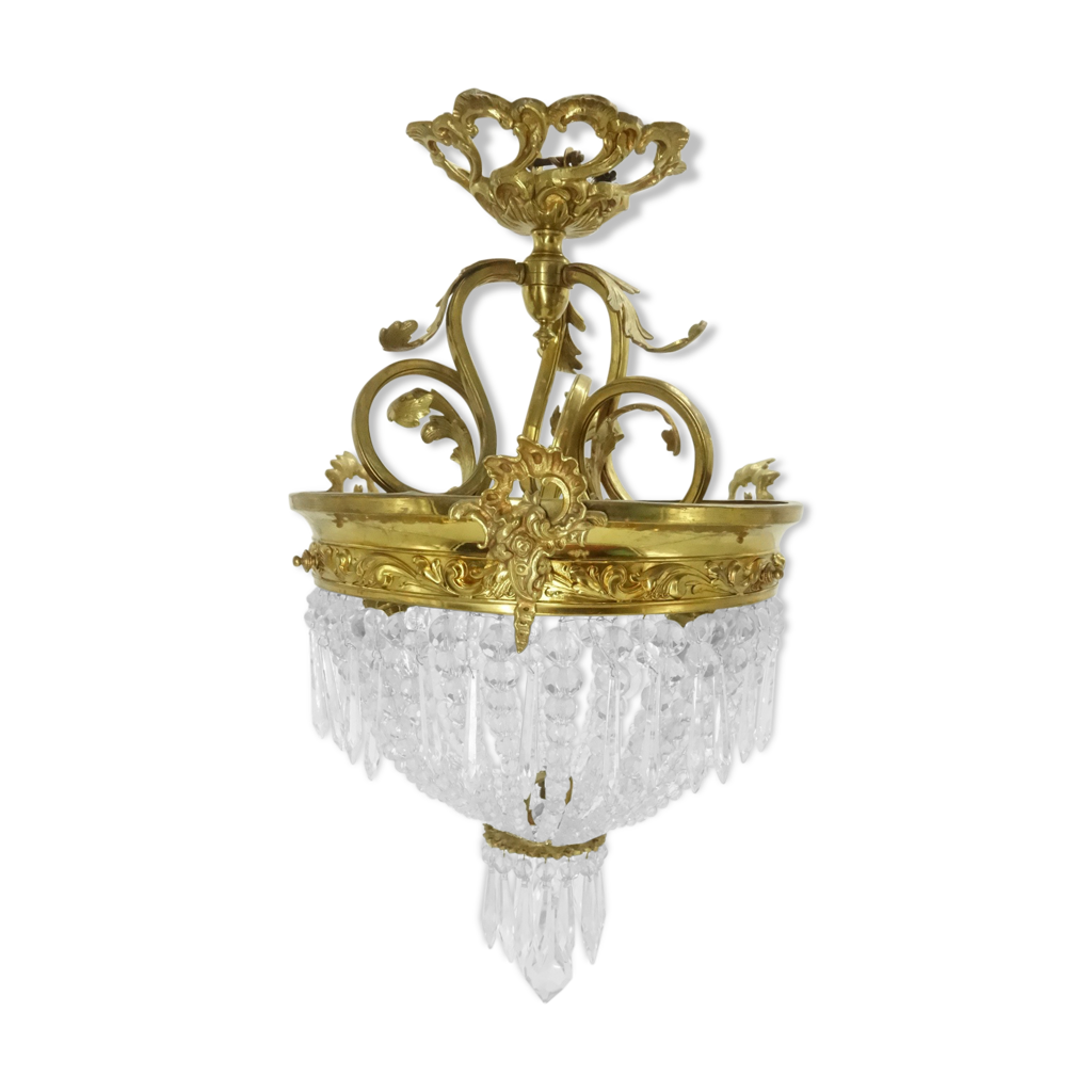 Lustre 3 feux aux pampilles, style Rocaille, Rococo, début 1900 | Selency