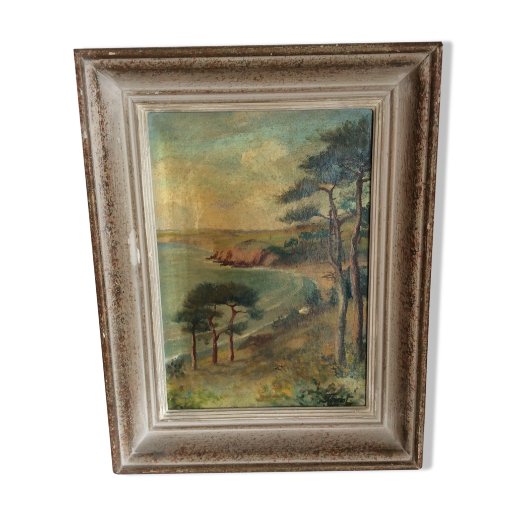 Tableau ancien, Paysage de bord de mer | Selency
