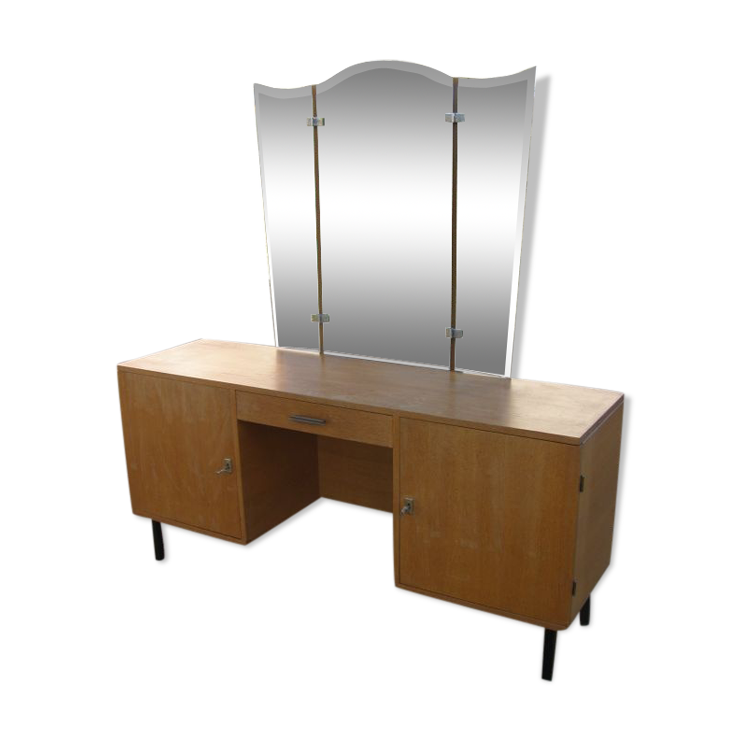 Coiffeuse & son miroir années 60 en bois et placage | Selency