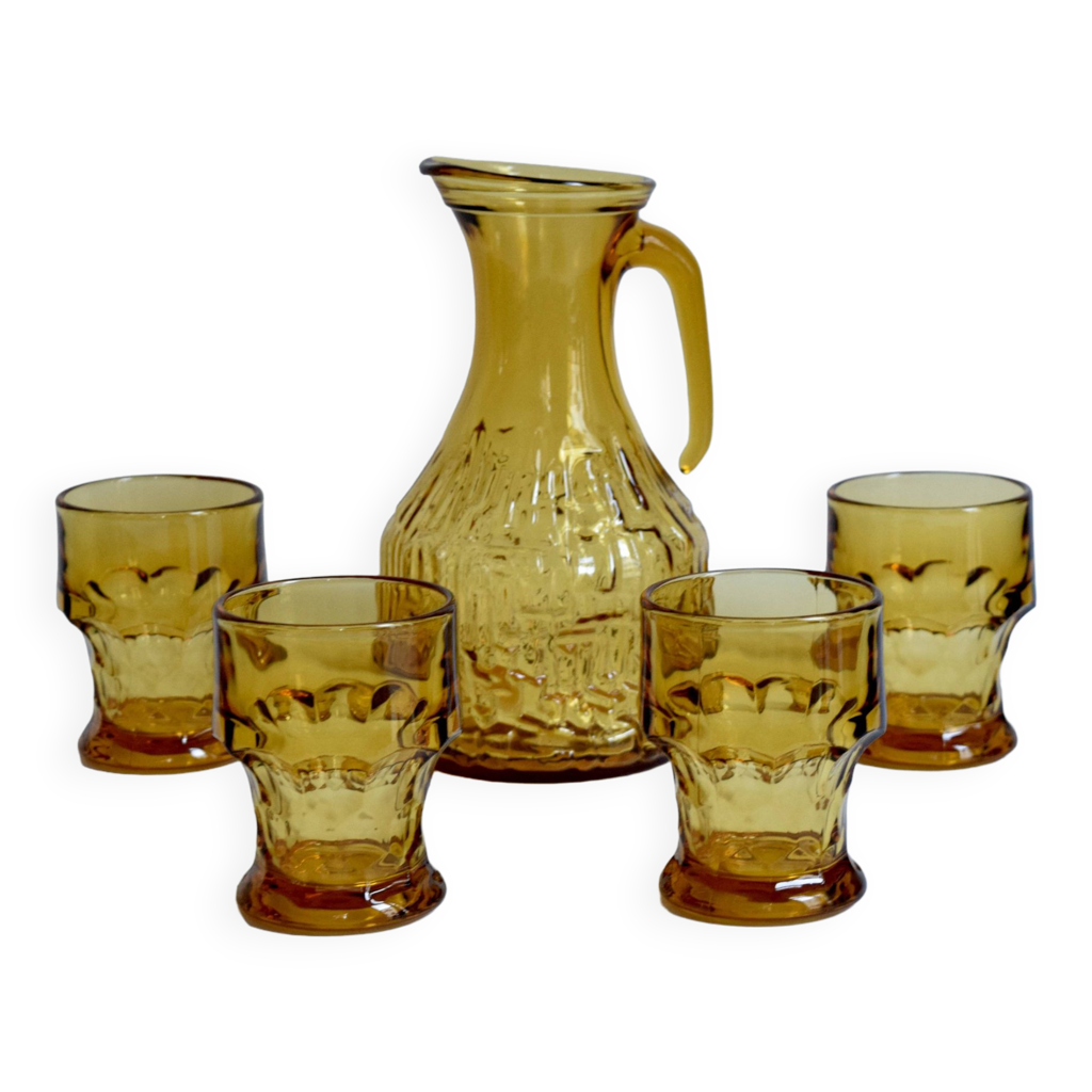 Service à Orangeade Vintage En Verre Ambré 1 Carafe 4 Verres Made