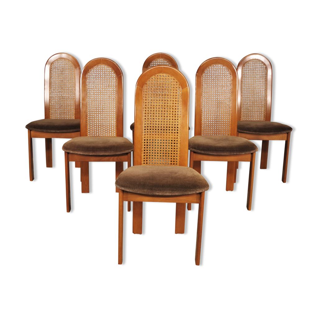 Chaises en hêtre avec dos en tissu et en paille de vienne, années 70 ensemble de 6 | Selency