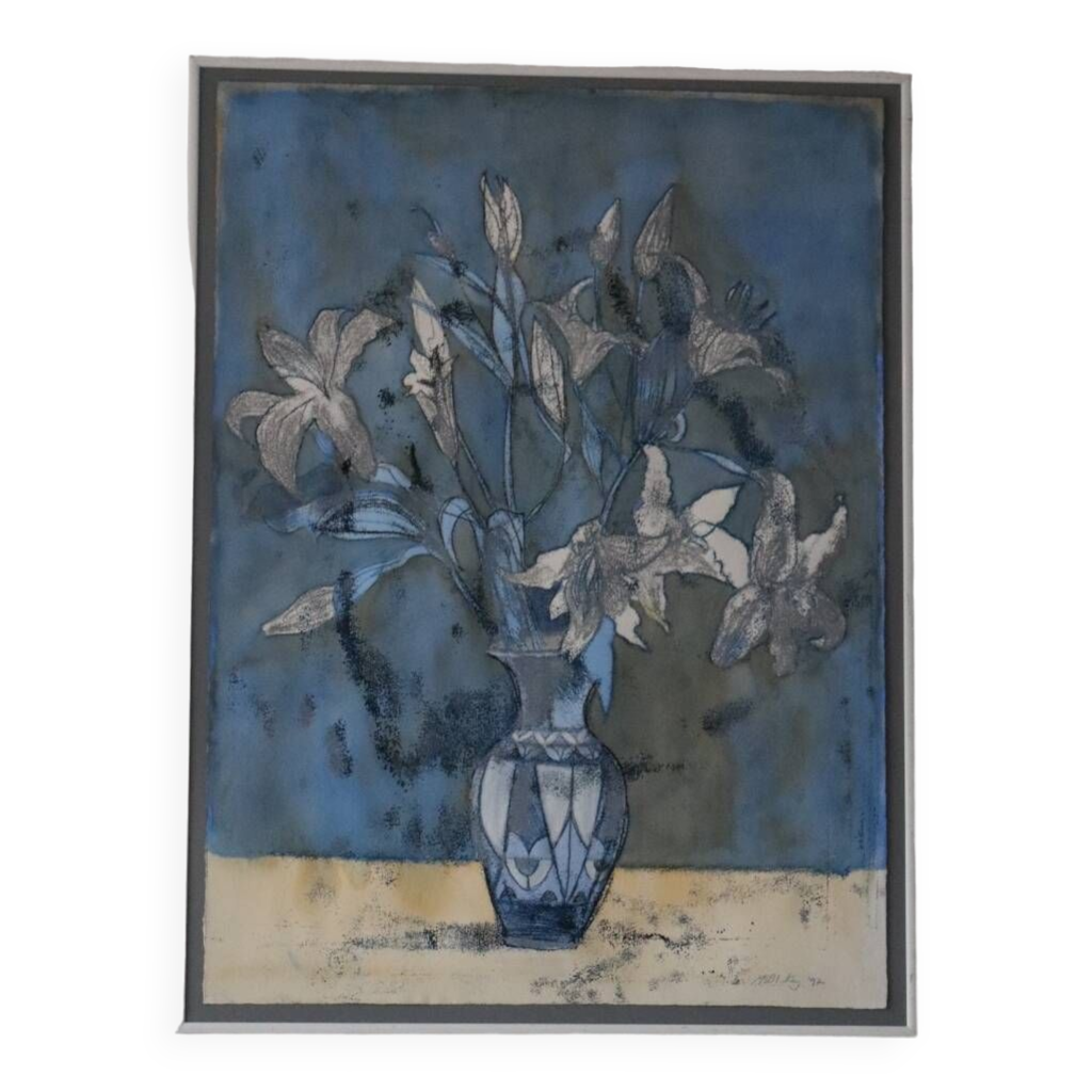 Grand Tableau aquarelle pastel et encre signé Maria Blackey 1997 | Selency