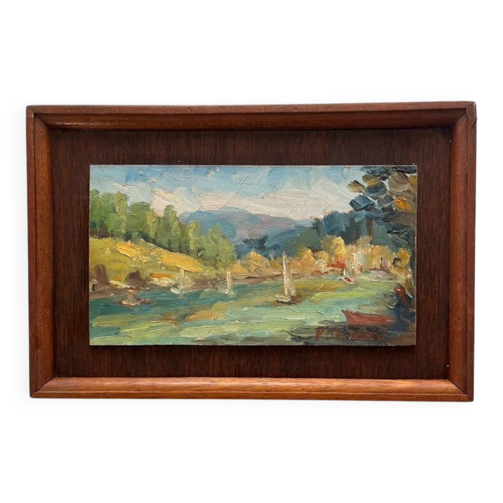 Tableau vintage paysage marin bateaux peinture signée Victor Ferrerri ...