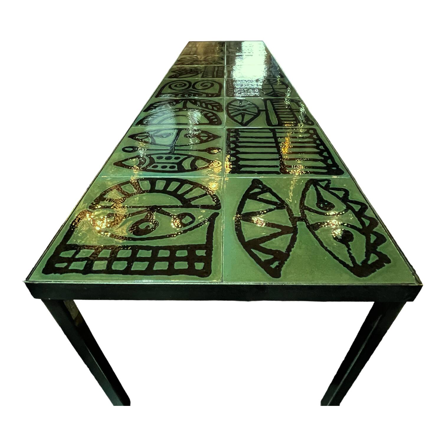 Longue table basse à 6 pieds (164cm) par ROGER CAPRON à Vallauris, céramique émaillée verte, ca ...
