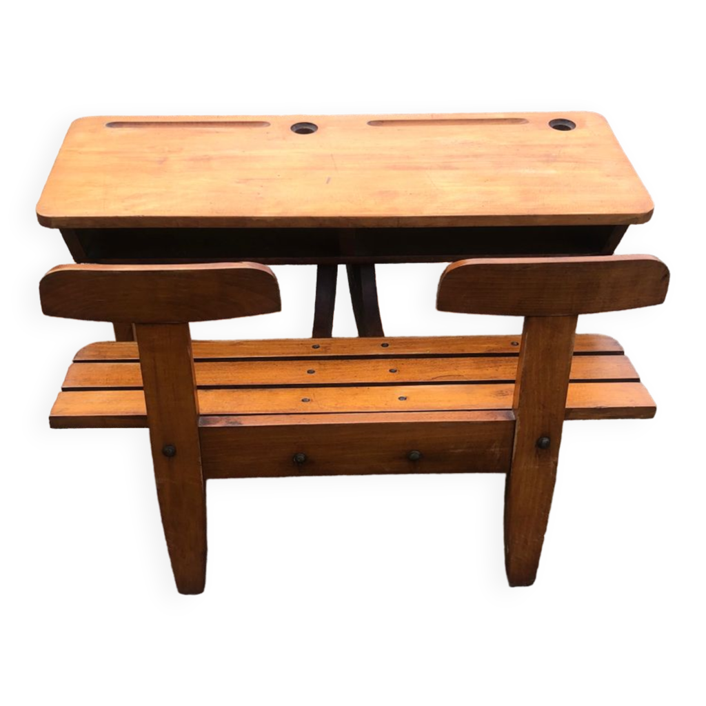 Bureau pupitre écolier double en bois et design | Selency