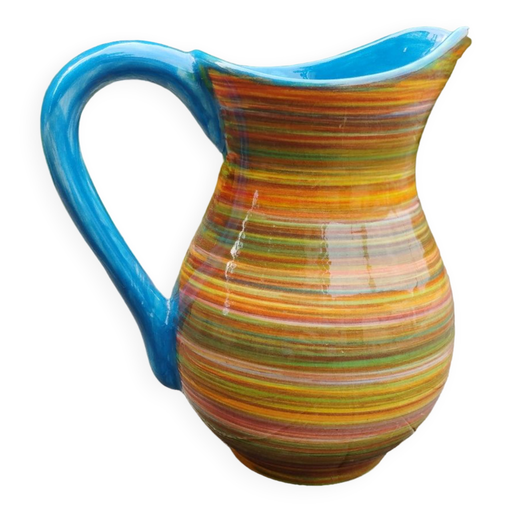 Pichet céramique rayé, anse bleue, artisanat espagnol, Ivanros | Selency