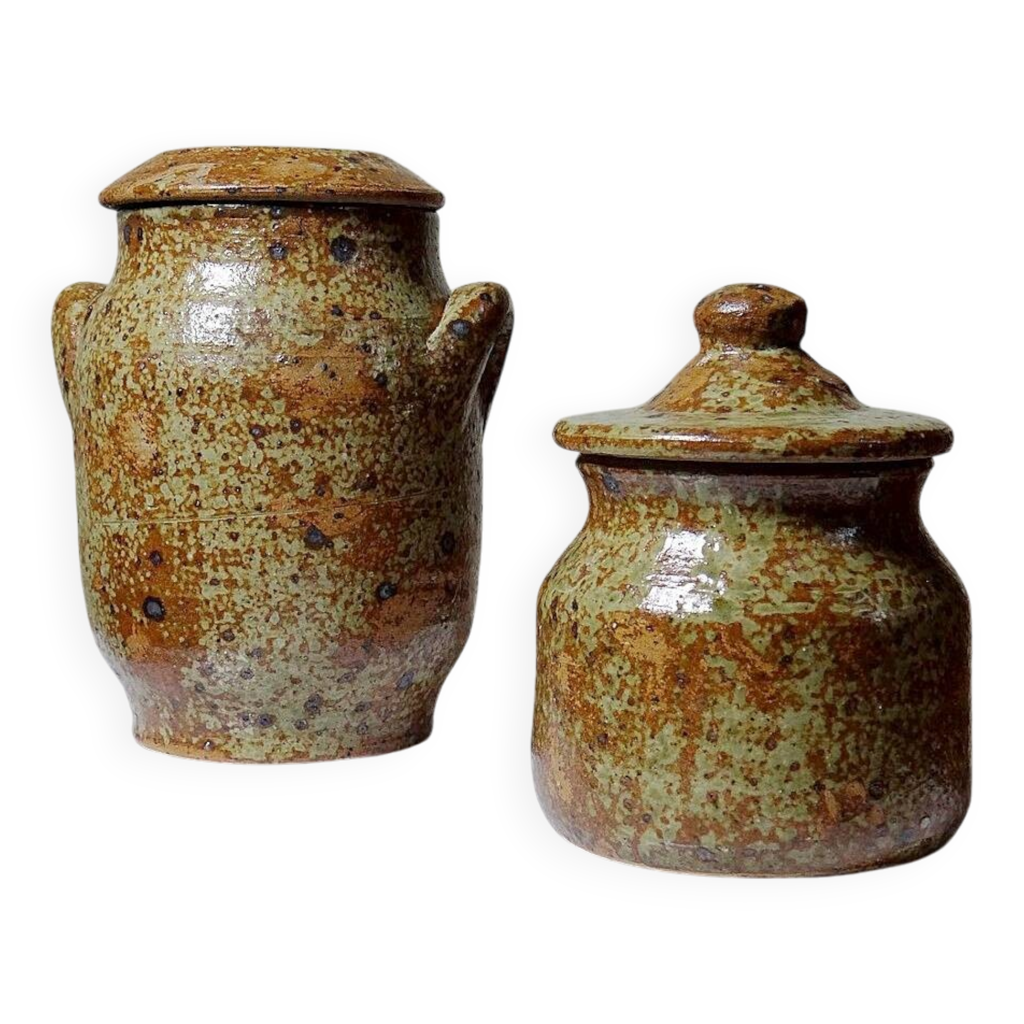 Duo de pots en grès pyrité artisanal, vintages style Baudat La Borne ...