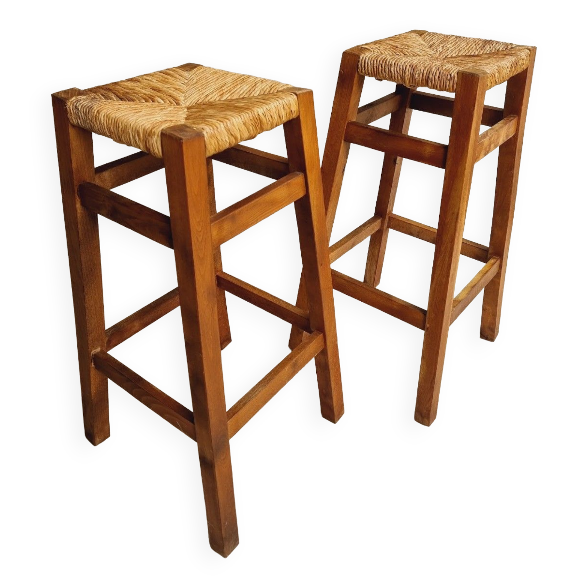 Ensemble de tabourets de bar vintage en bois de hêtre avec assise en osier | Selency