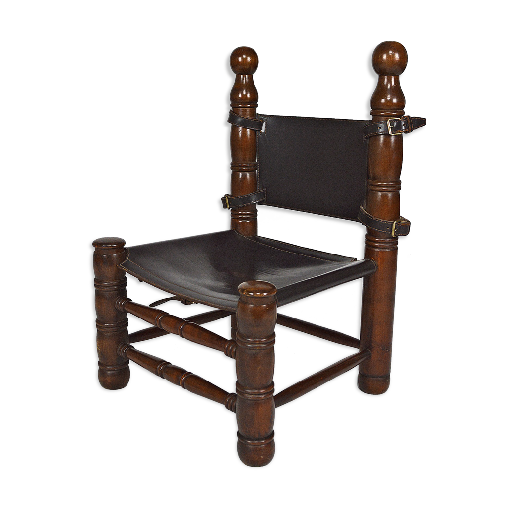 Chaise basse moderniste en bois et cuir | Selency