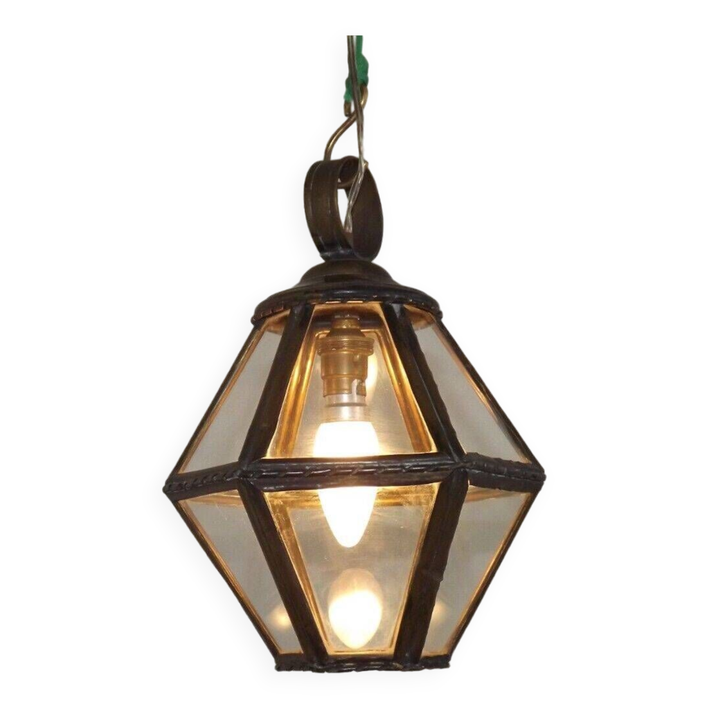 Vintage French Copper Lantern Style Ceiling Light 12 Shaped Glass ...