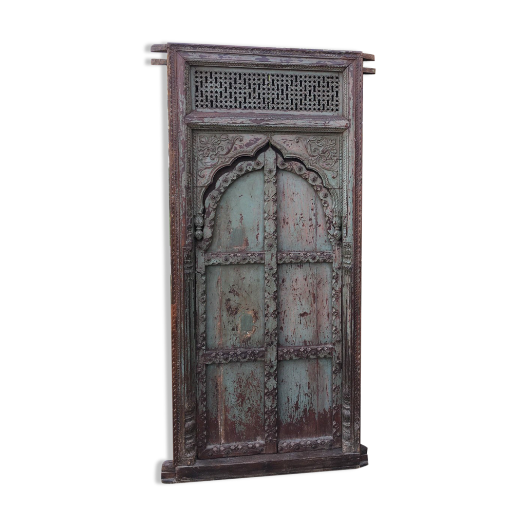 Porte orientale marocaine ancienne en bois à décor de moucharabieh ...
