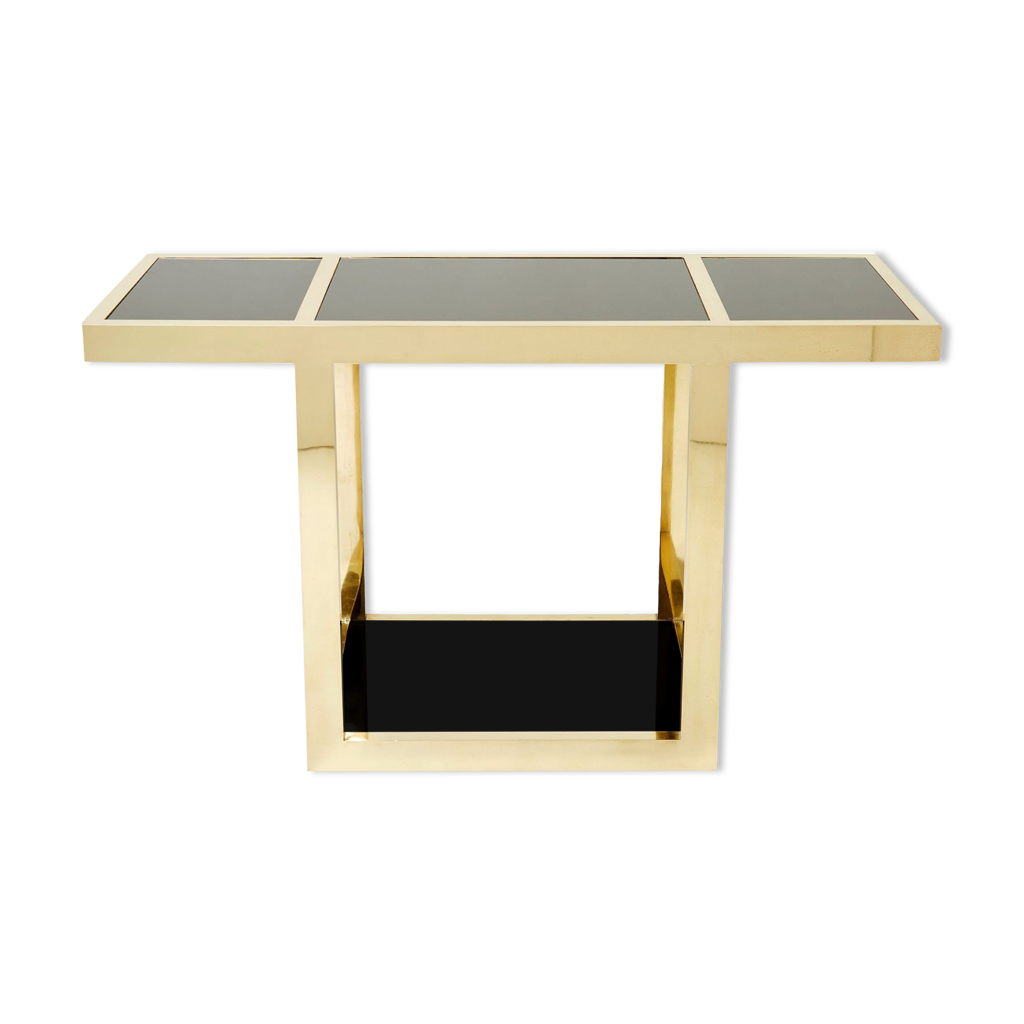 Console Italienne laiton verre opalin noir 1970s | Selency