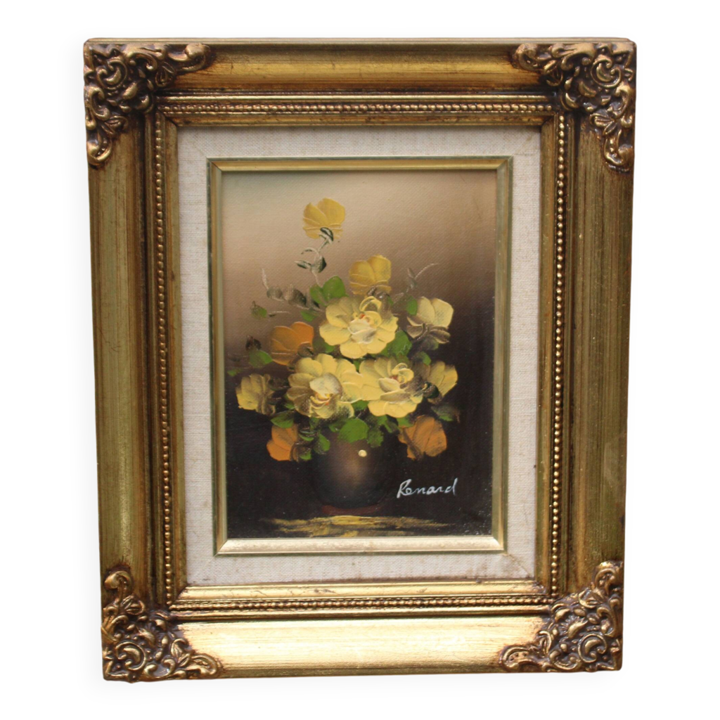 Tableau ancien bouquet de fleurs jaunes signé Ronard | Selency