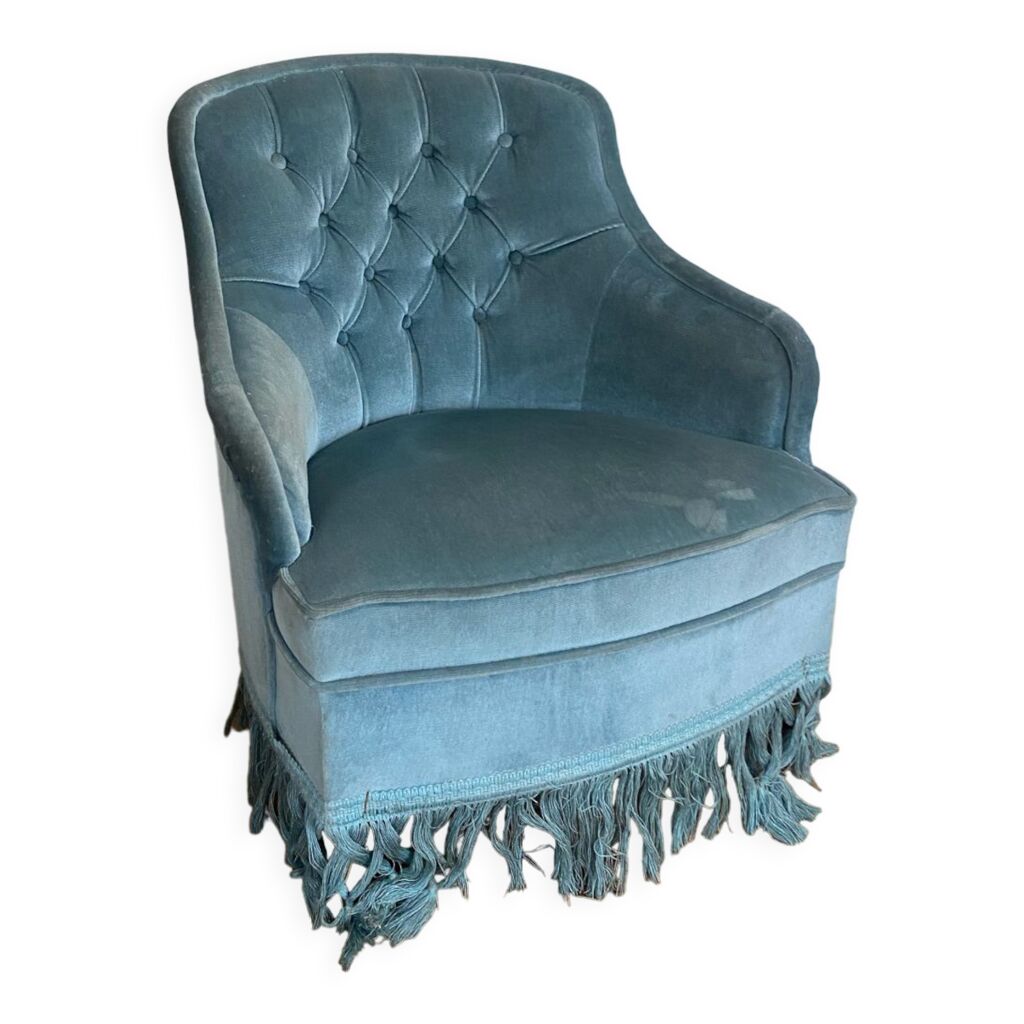 Fauteuil crapaud en velours capitonné bleu | Selency