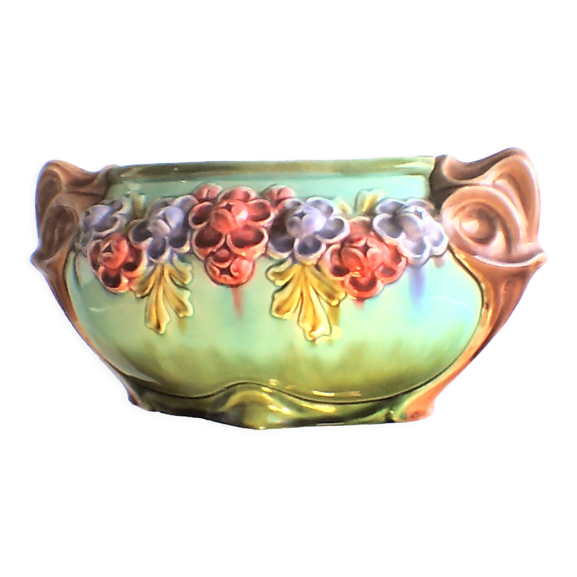 Jardinière barbotine ancienne, fleurs en relief aucun fêle | Selency