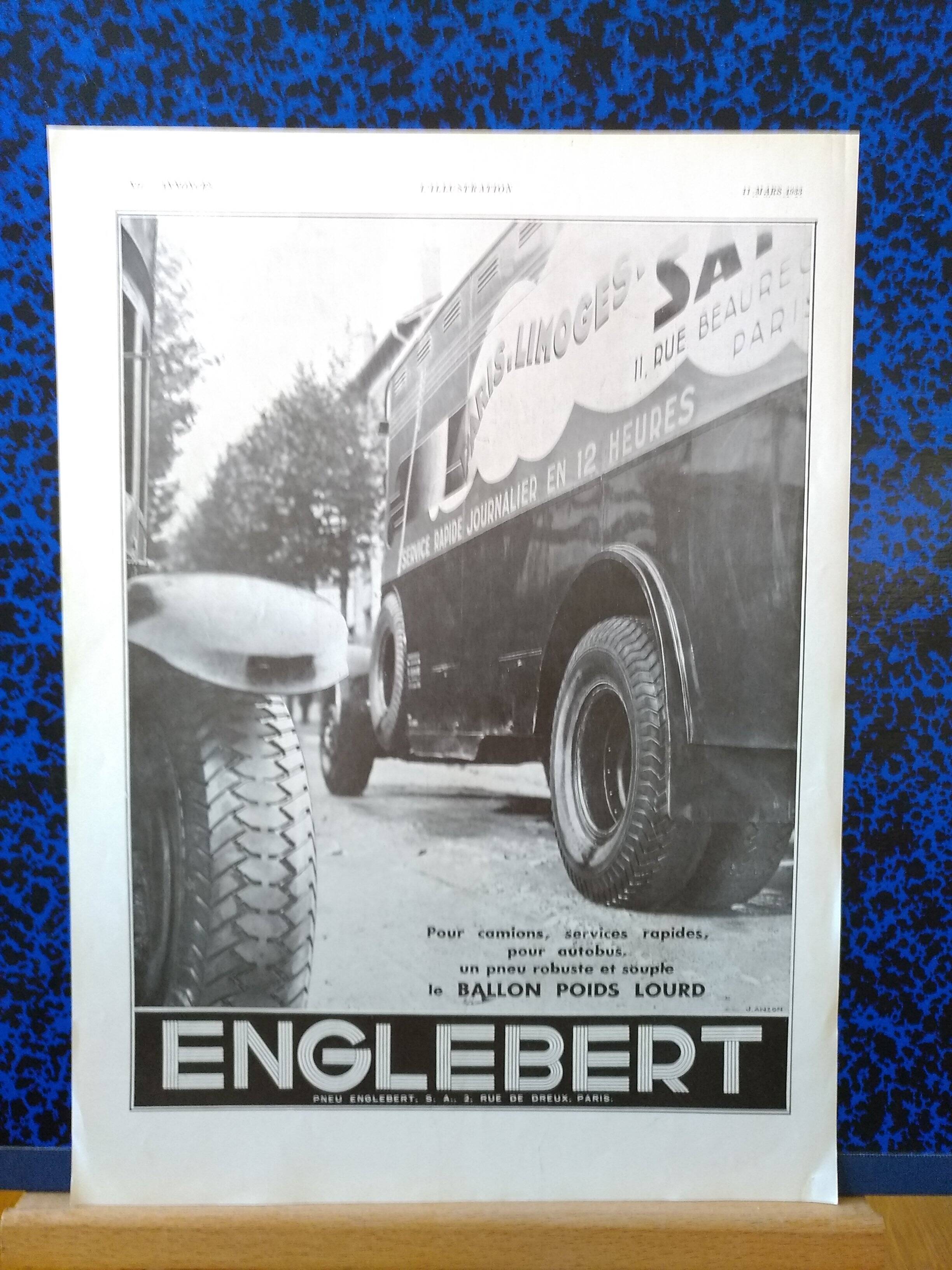 Publicité papier revue d'époque 1933 pneu englebert illustration camion ...