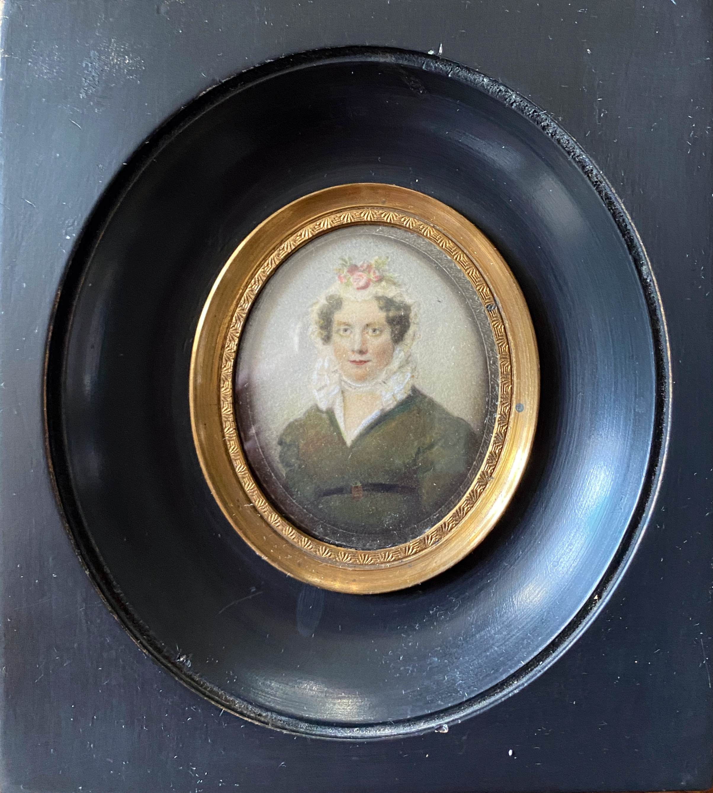 Tableau Miniature ancienne "Portrait de femme aux fleurs" & cadre | Selency