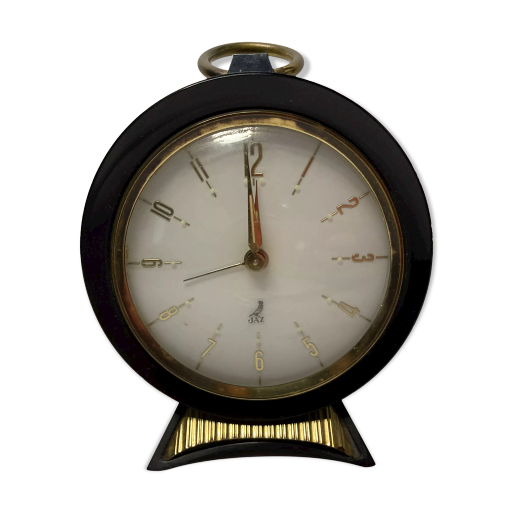 Rétro réveil rond Jaz en métal noir laqué et laiton vers 1950 | Selency