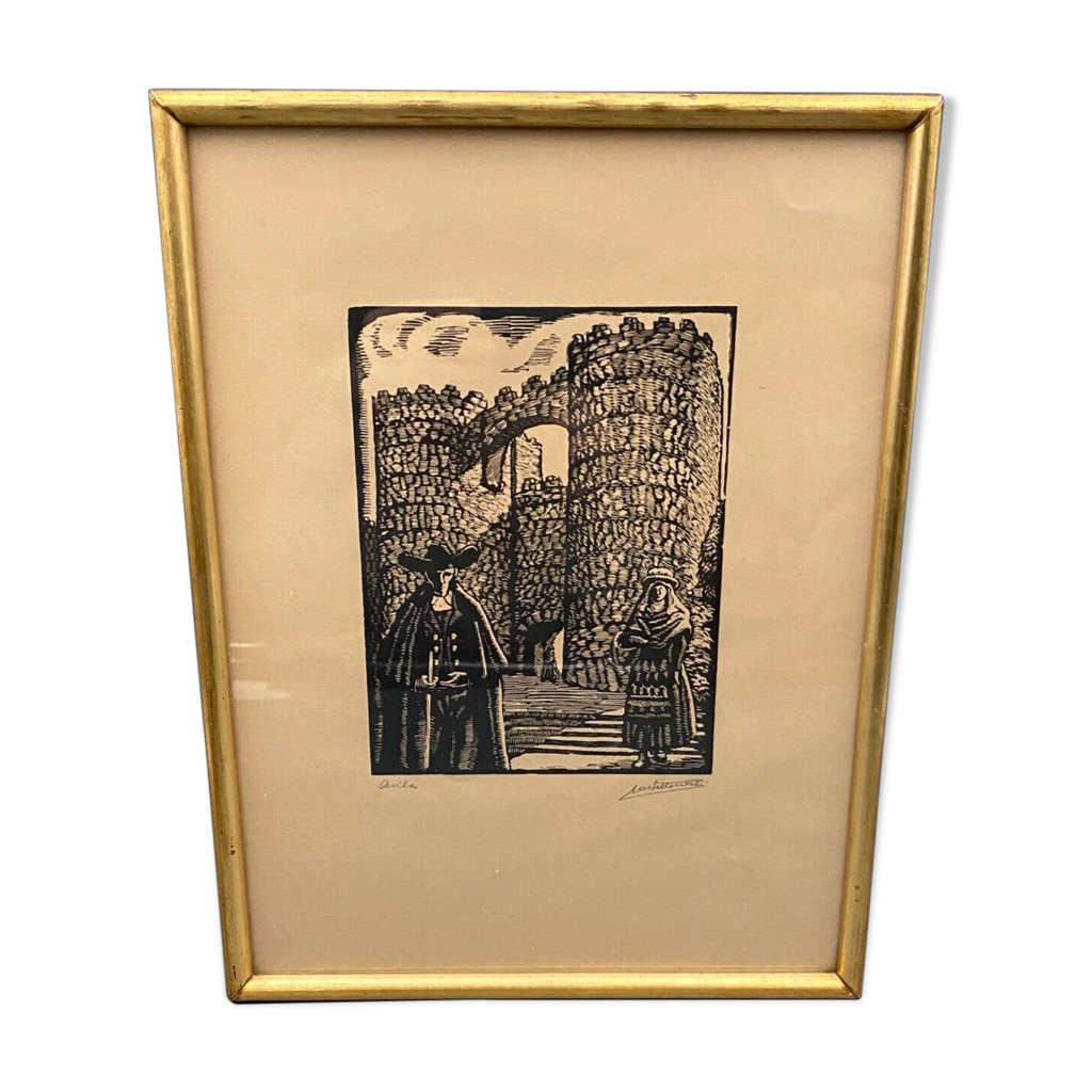 Gravure Juan Castells Marti noir blanc deux personnages espagnols | Selency