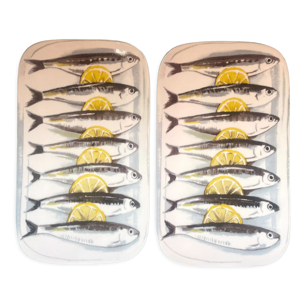 Lot de 2 plats à décor de poissons, maquereaux ou sardines Geneviève ...