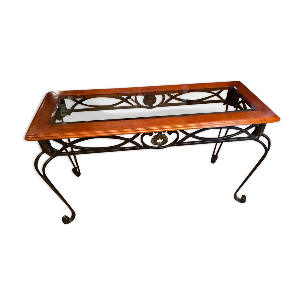 Table console fer forgé plateau verre teinté biseauté acajou massif ...