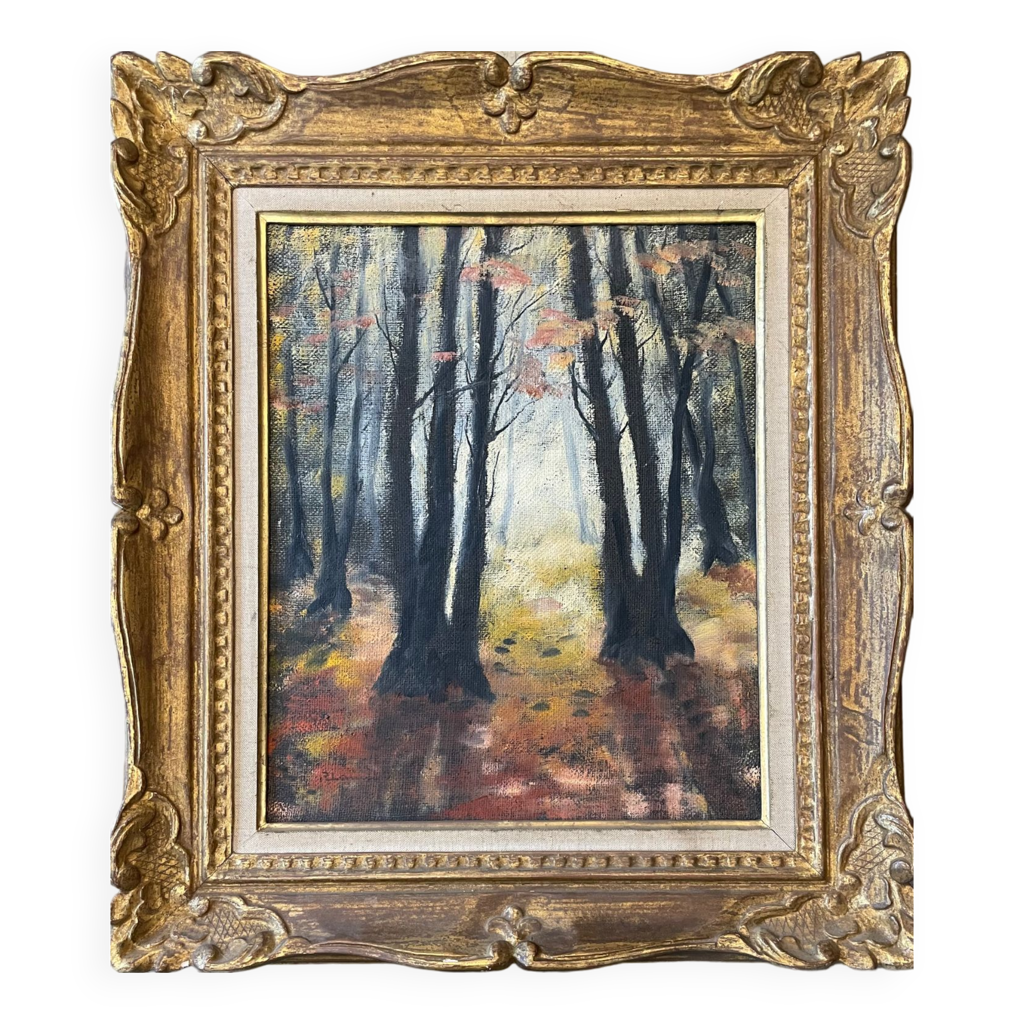 Tableau peinture ancienne paysage forêt début XXe | Selency