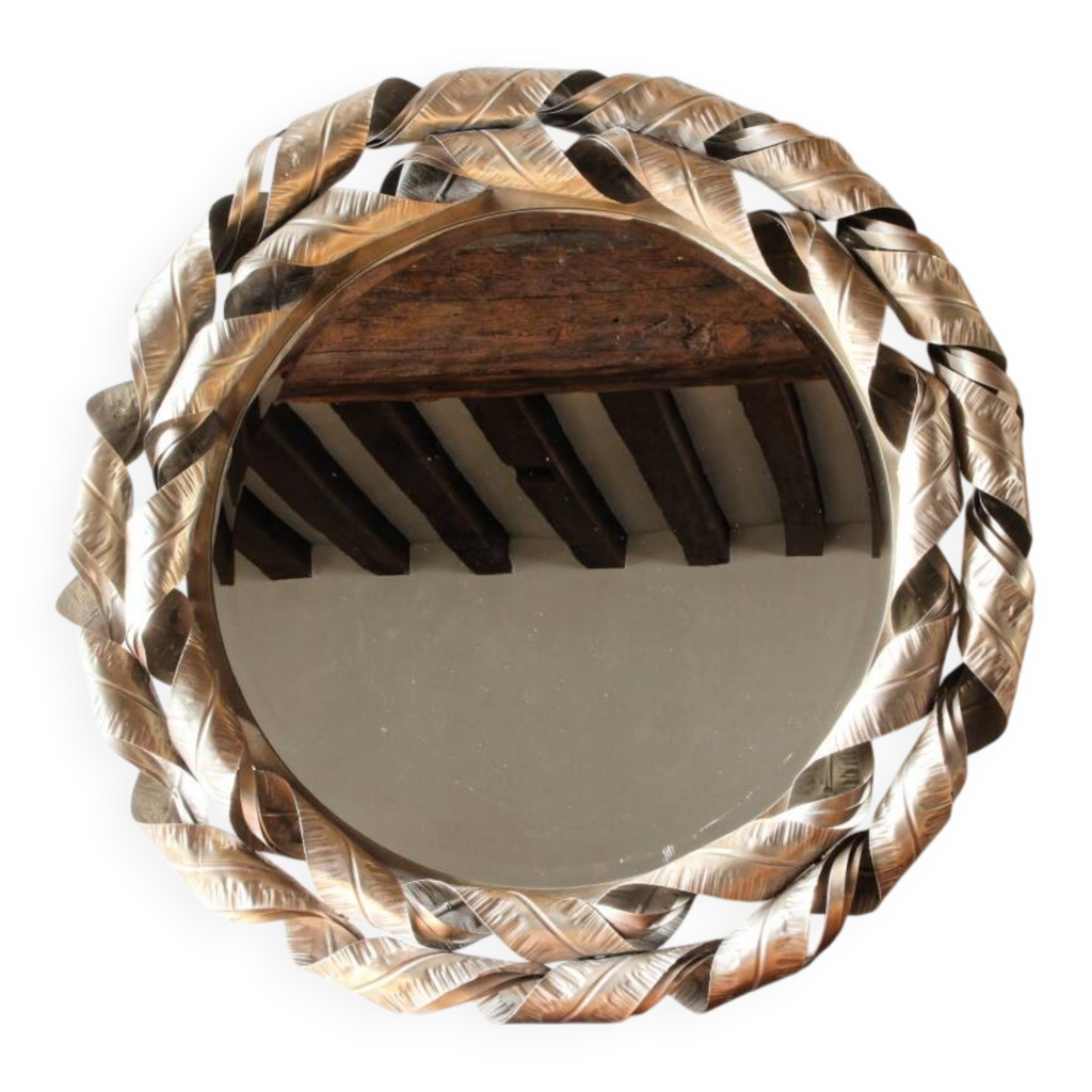Miroir biseauté circulaire, double couronne d'inox torsadé | Selency