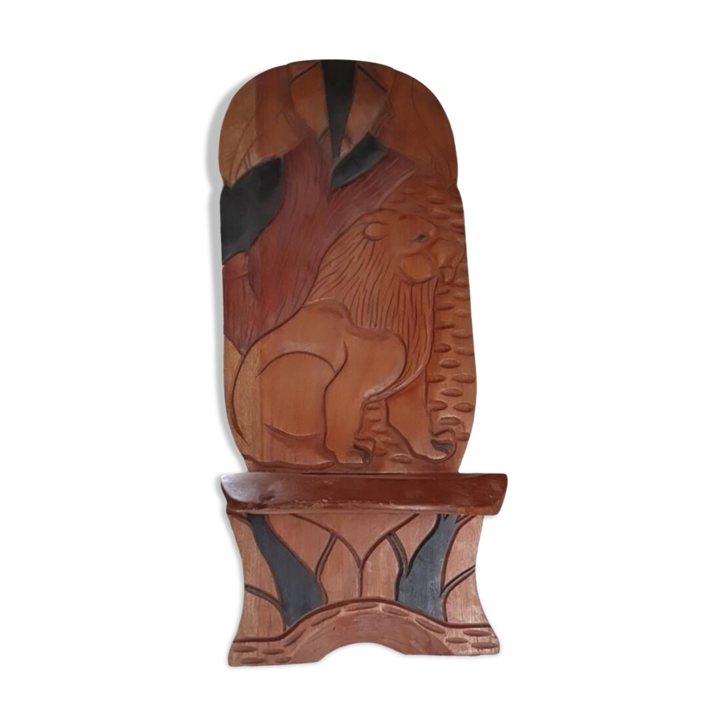 Chaise à palabre africaine bois sculpté main motif lion Sénégal | Selency