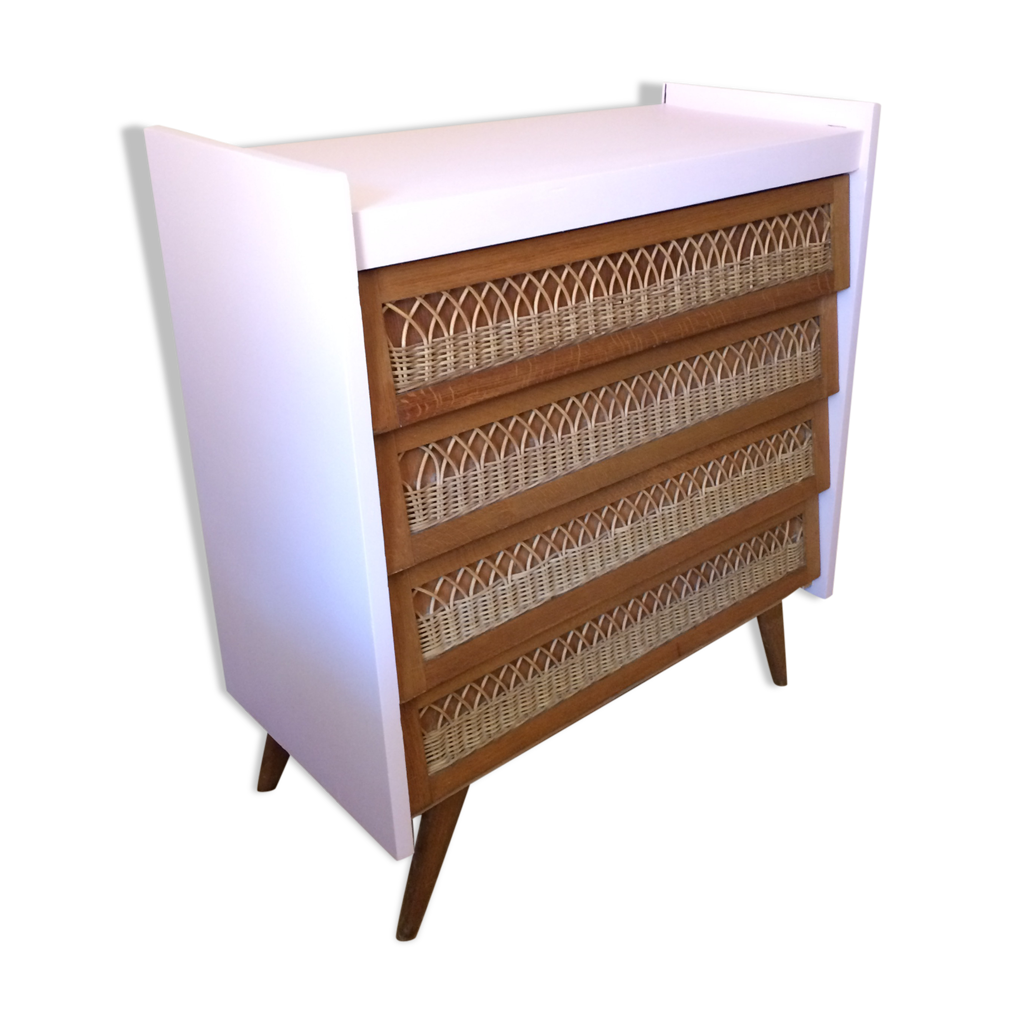 Commode rotin 4 tiroirs rose poudré vintage | Selency