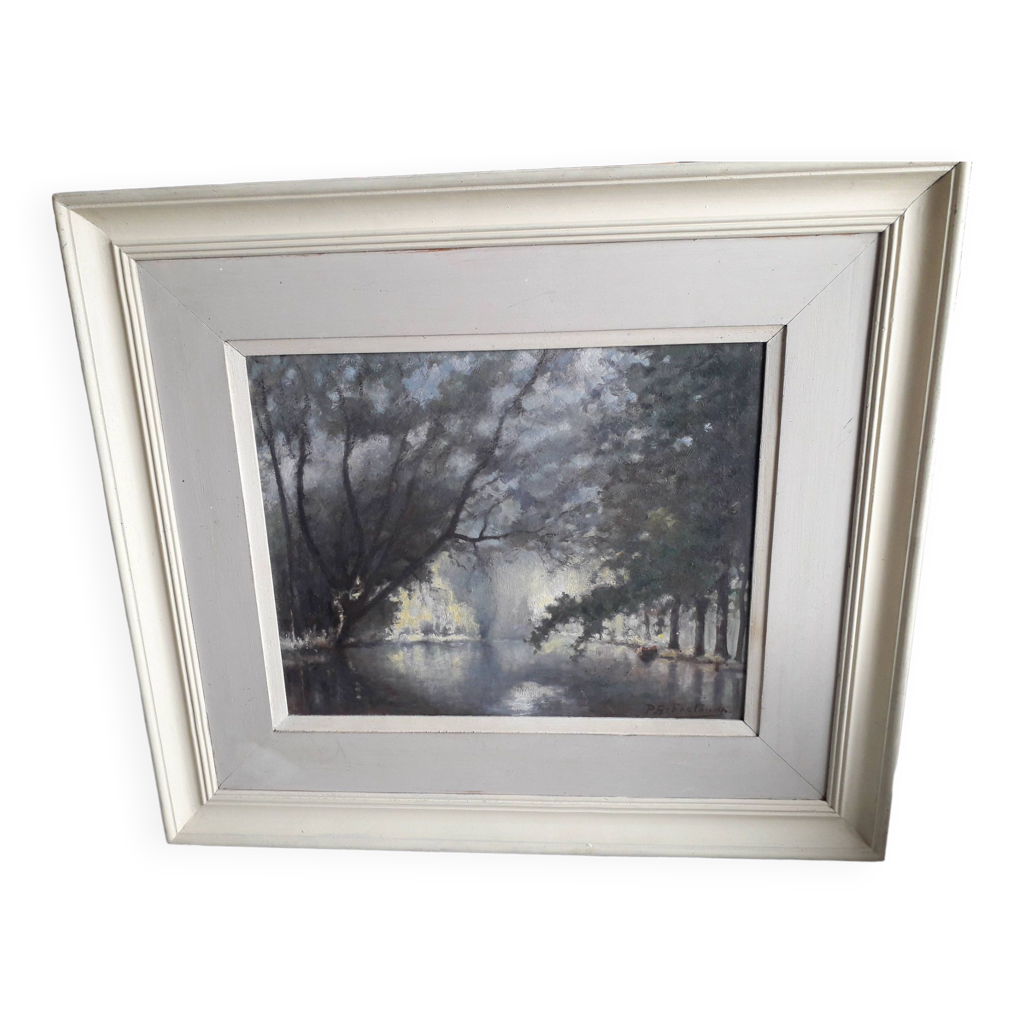 Tableau ancien à l'huile représentant un paysage | Selency