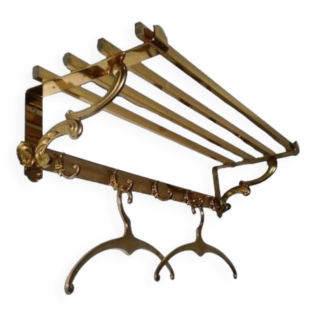 Mid-century brass wall coat rack / hat shelf with 5 hooks + 2 solid ...