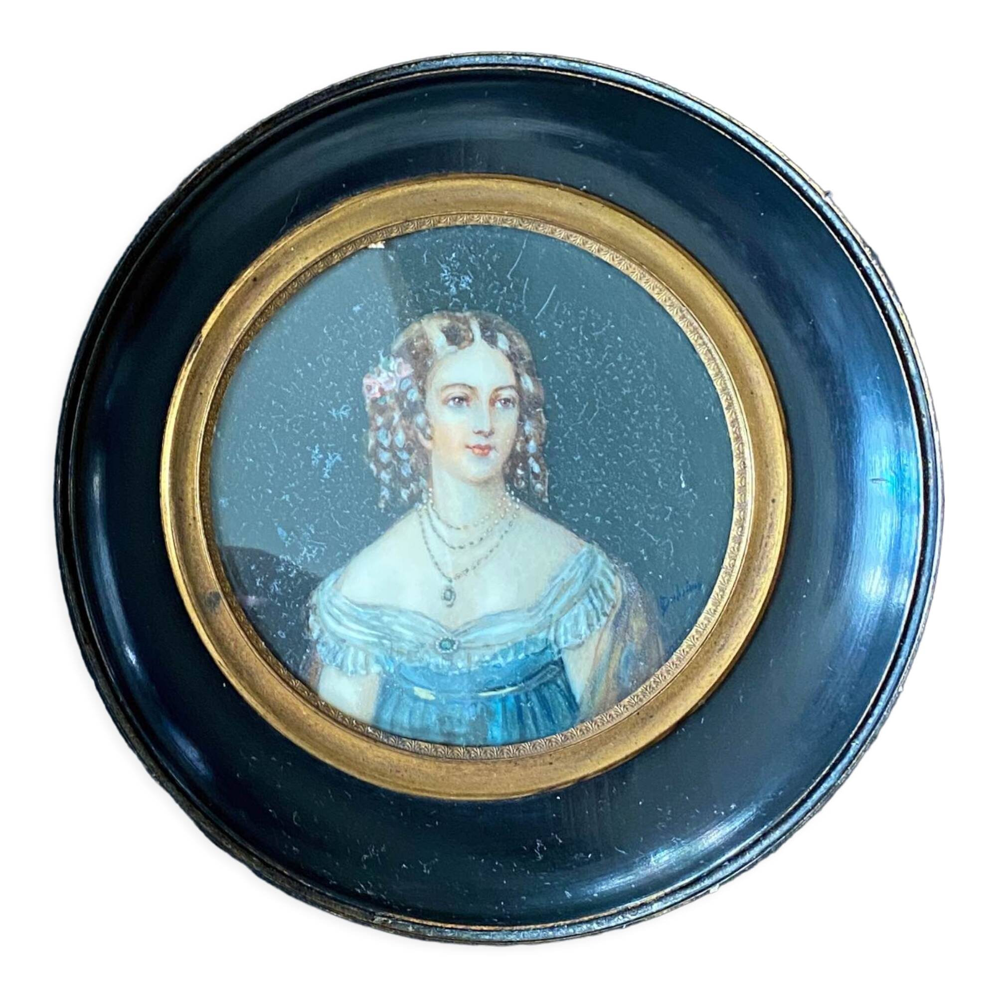 Tableau miniature ancienne "portrait de jeune femme aux bijoux" signé ...