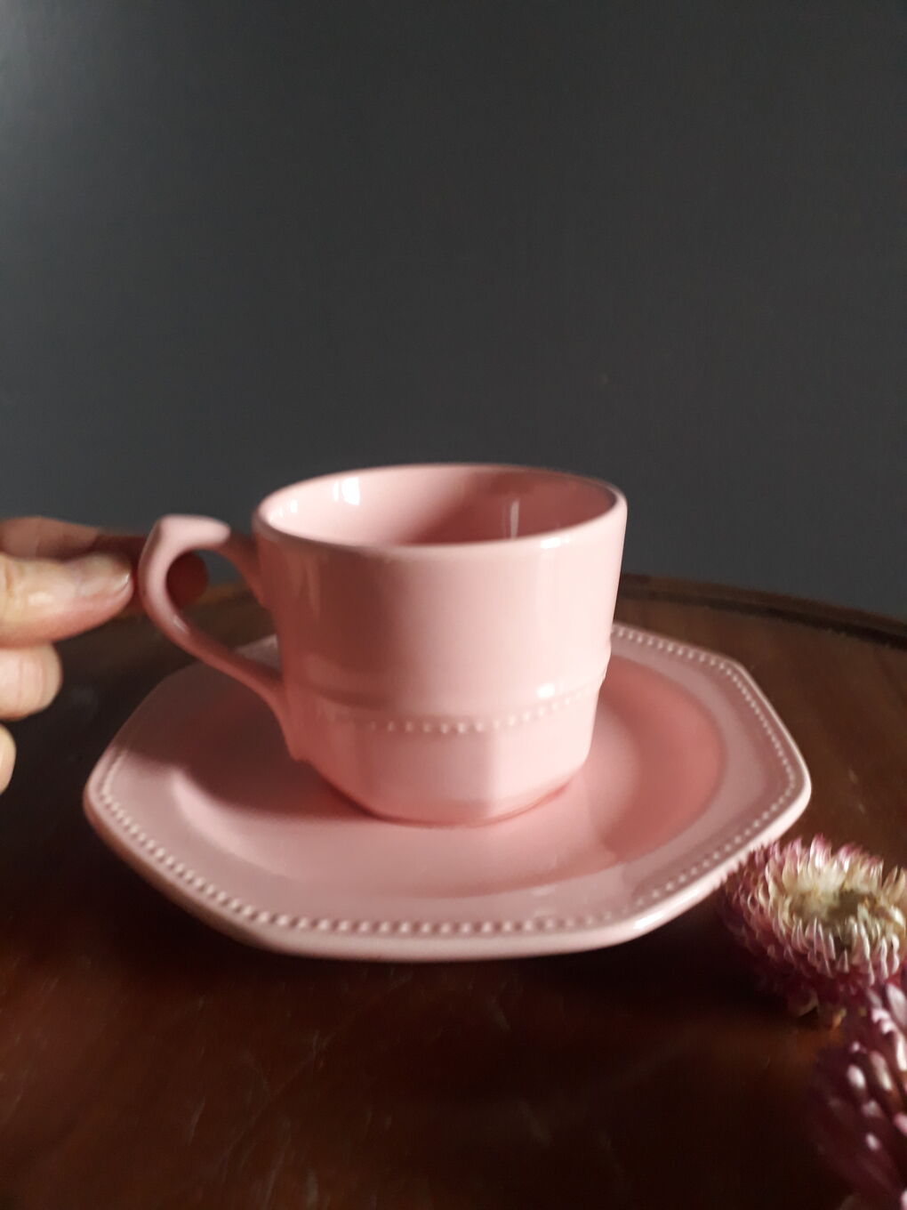 Duo De Tasses Et Sous Tasse Rose Poudré Manufacture Longchamp Année 80