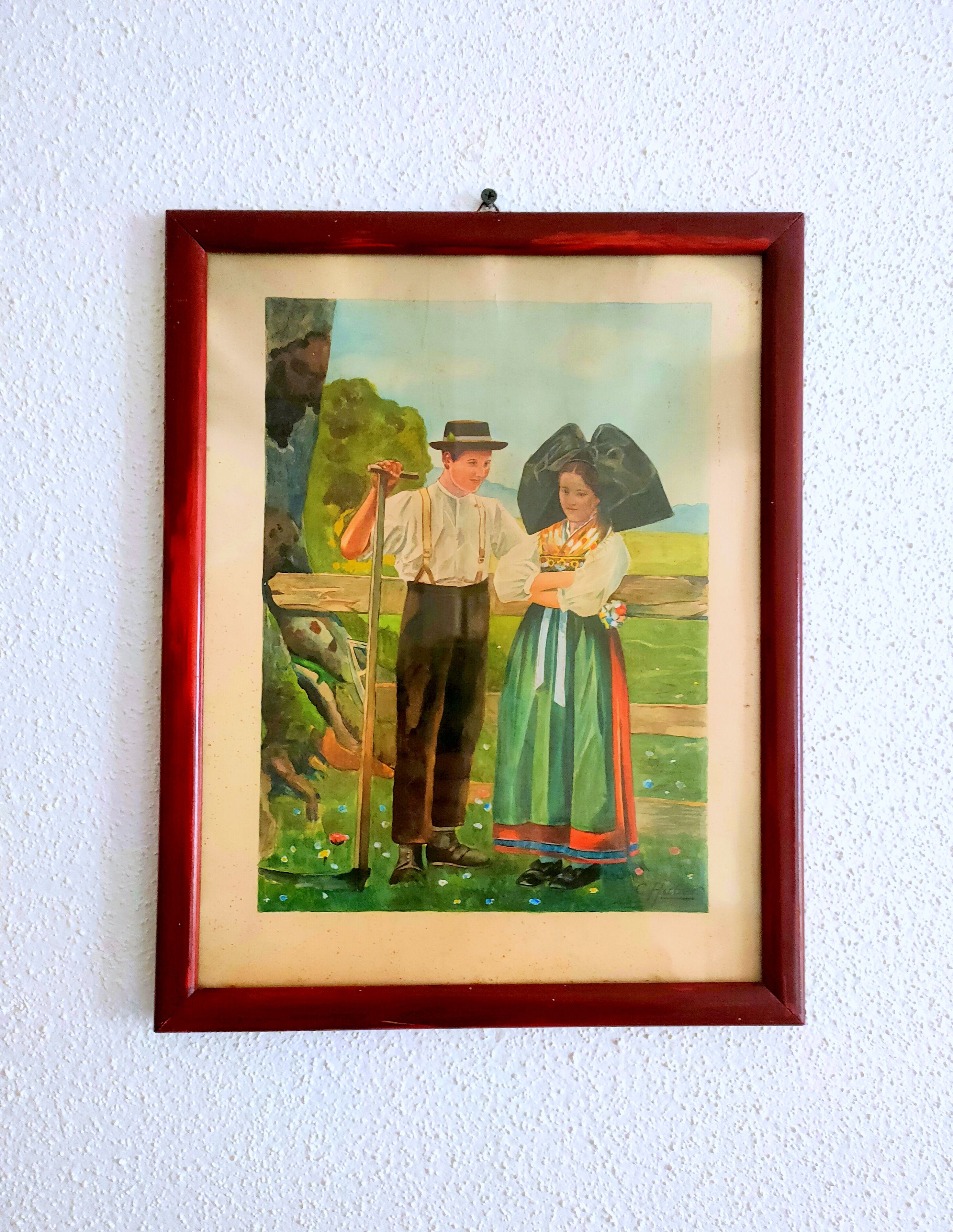 Tableau C.Huber, peinture, aquarelle, jeune couple paysan en alsace ...